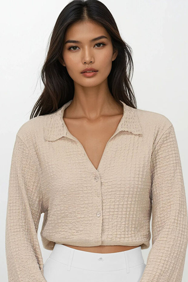 Trend Alaçatı Stili Kadın Bej V Yaka İspanyol Kollu Gofre Kumaş Yazlık ...