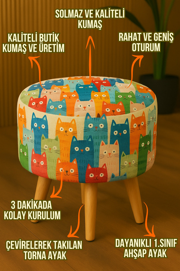 DEKOR MOBİLYACIM Yuvarlak Balkon Mutfak Salon Ayak Uzatma Pufu Gürgen Ayaklı Özel Tasarım Kedili ...