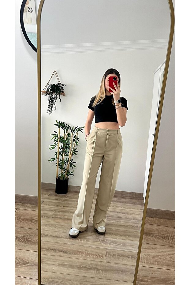 Tutals Women's Beige Color Lycra Flowy High Waist Wide Leg Comfortable ...