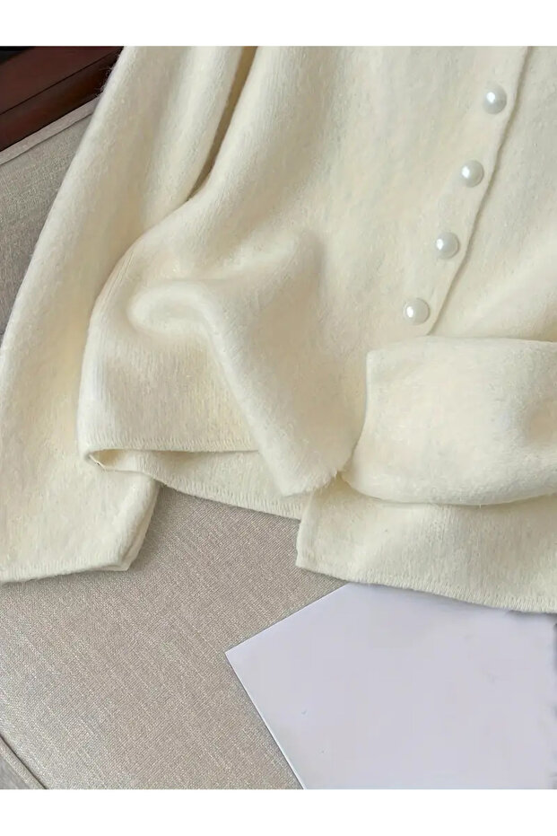 Ugdelia Women's Pearlescent Soft Textured Cream Knitwear Cardigan- Trendyol