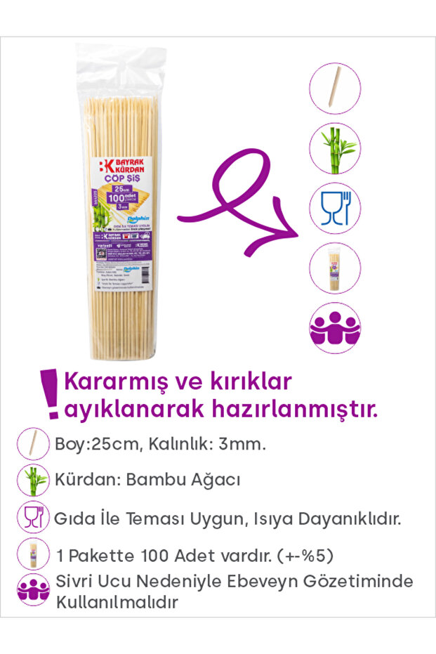 Dolphin Çöp Şiş 25 Cm, 100 Adet, 3 Mm - Adana, Urfa, Et, Tavuk, Sebze ...