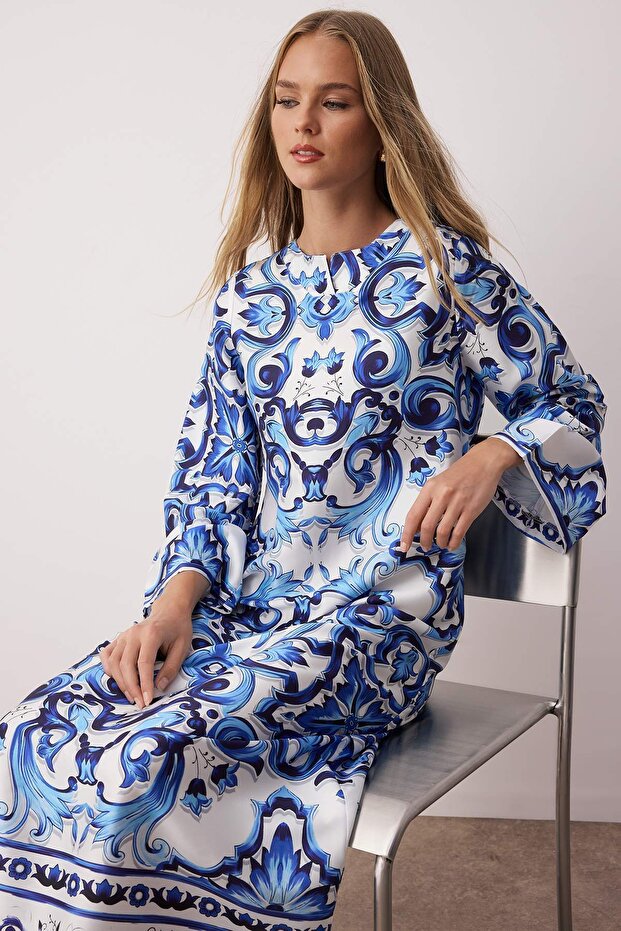 Trendyolmilla Modest Mavi Saten Etnik Desenli Abiye Jalabiya Elbise ...