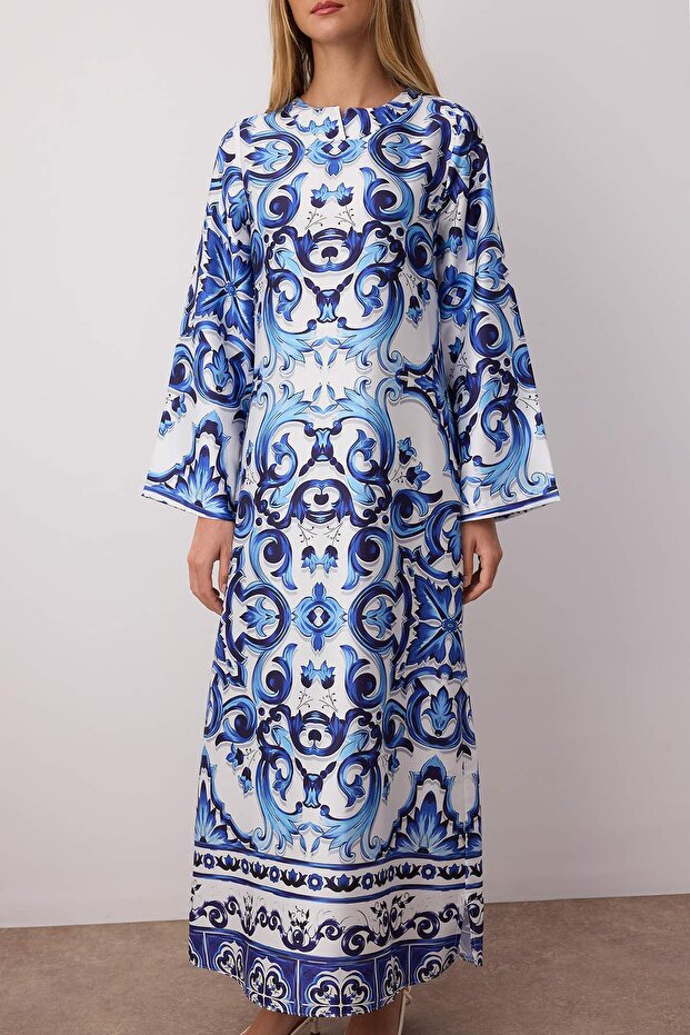Trendyolmilla Modest Mavi Saten Etnik Desenli Abiye Jalabiya Elbise ...