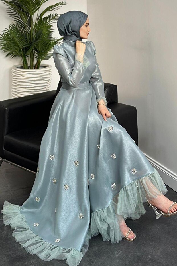 MERVEN AKYÜZ Joenne Taşlı Altı Tüylü Tafta Abiye Mint Yeşili - Fiyatı ...