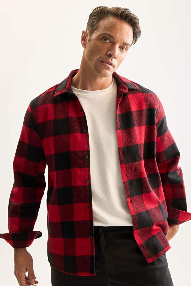 Defacto Long Sleeve Flannel Polo Shirt - Lumberjack Fit, Checked Collar ...