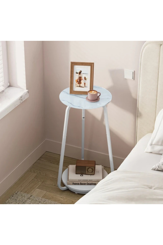VASAGLE Masuta rotunda tip noptiera, blat din sticla si raft inferior ...