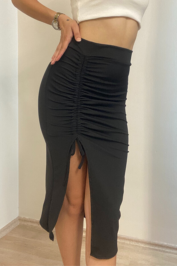 moddosa fashion Kadın Siyah Ayarlanabilir Büzgülü Yırtmaçlı Maxi Boy ...