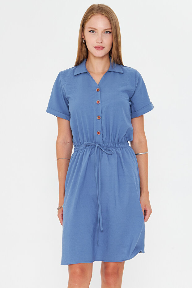 armonika Rochie cămașă cu mânecă scurtă cu talie elastică indigo pentru ...