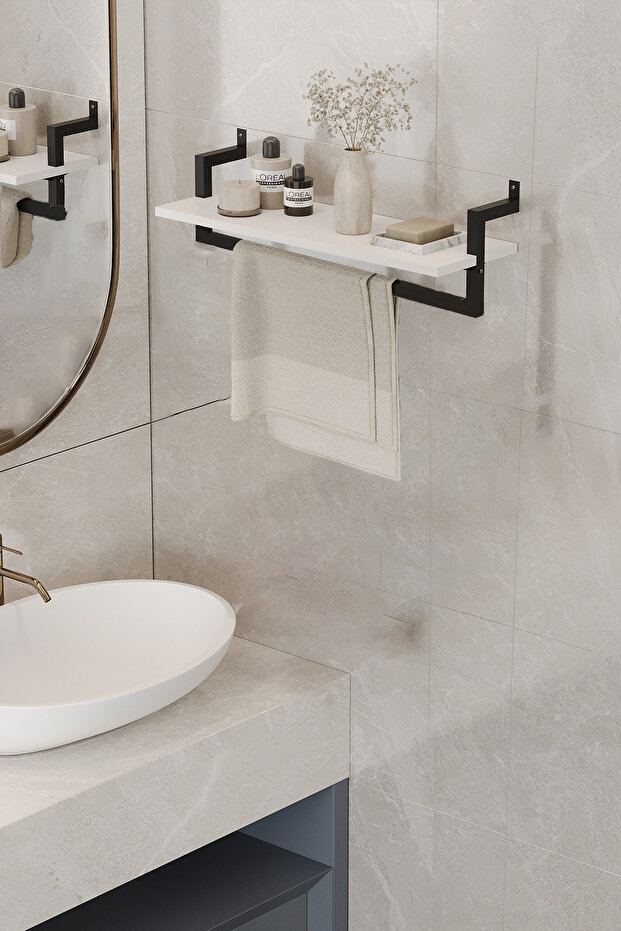 Euromob Tek Raflı Beyaz Banyo Rafı, Havluluk | Siyah Profil | 50x20 ...