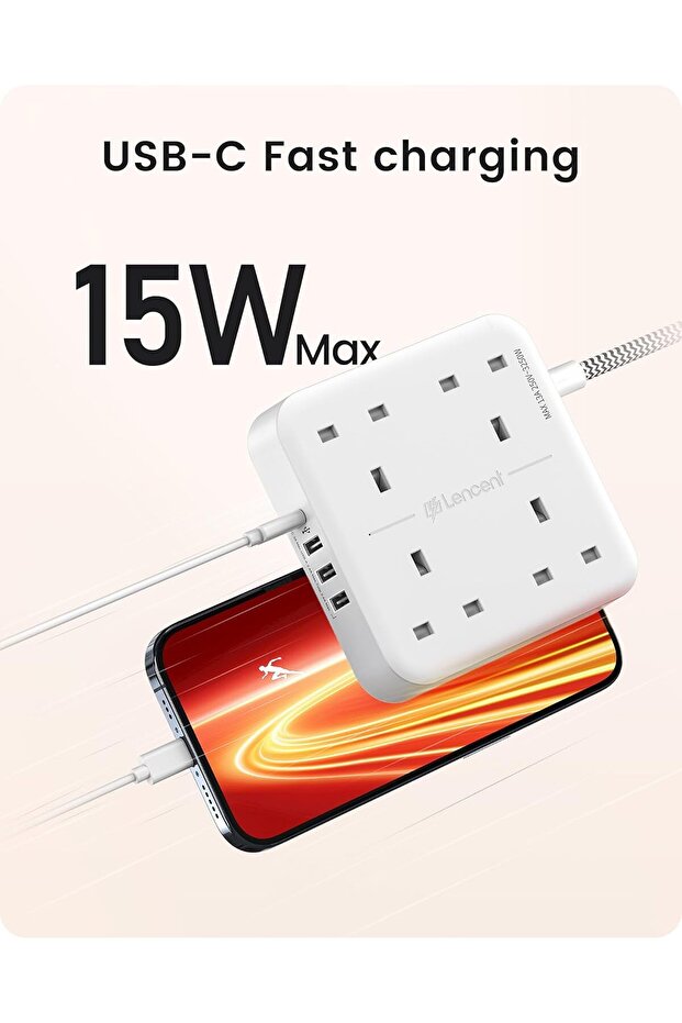 LENCENT شريط طاقة 8 في 1 مزود بـ 4 منافذ ومنفذ USB C، سلك مضفر بطول 3 ...