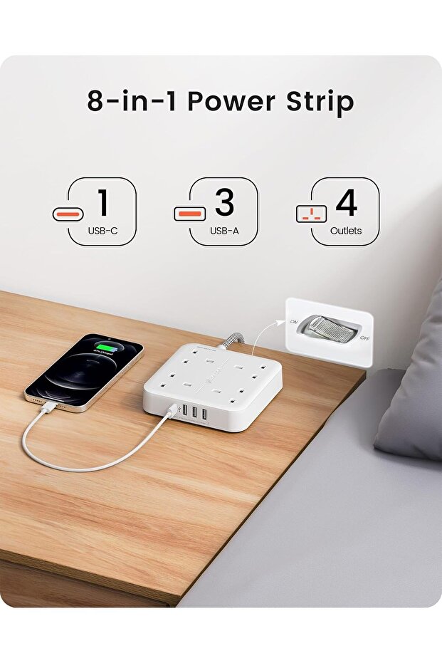 LENCENT شريط طاقة 8 في 1 مزود بـ 4 منافذ ومنفذ USB C، سلك مضفر بطول 3 ...