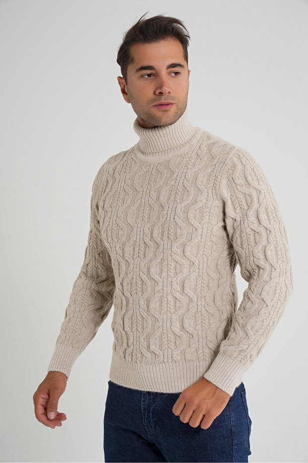 Trist Star Men's Beige Fisherman Hair Braided Wool Sweater Trist-5354 ...