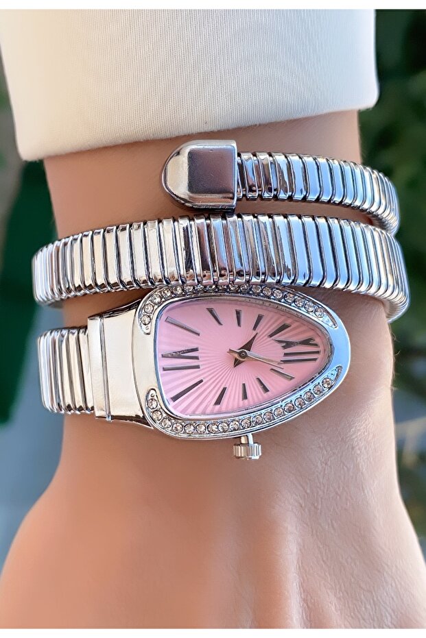 Merand Silver Color Pink Dial Snake Watch, Wrap Around Watch, Women's ...
