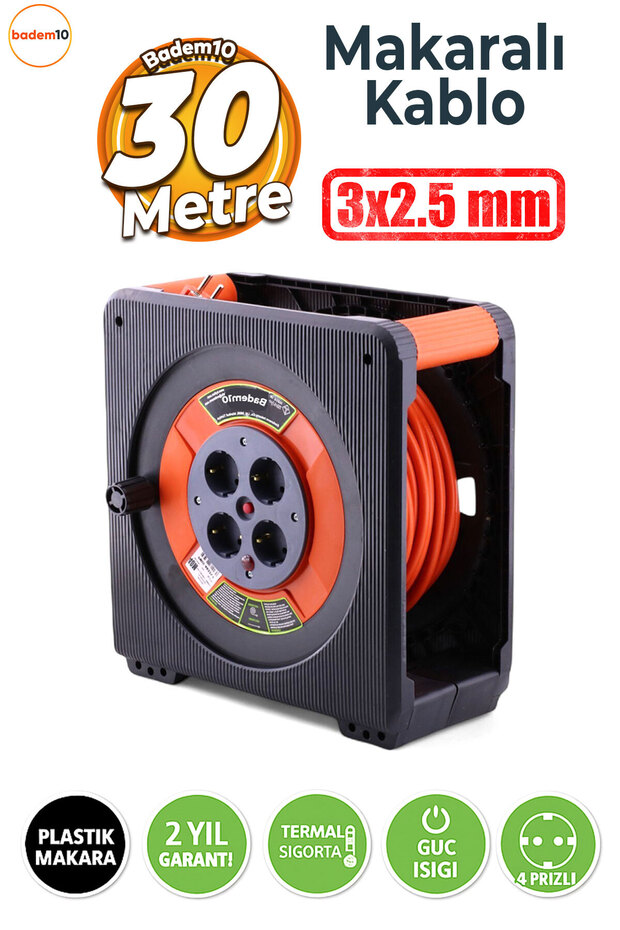 Badem10 Makaralı CCA Uzatma Kablosu 3x2.5 mm 30 Metre 4 Prizli Monofaze Termal Sigortalı Plastik ...