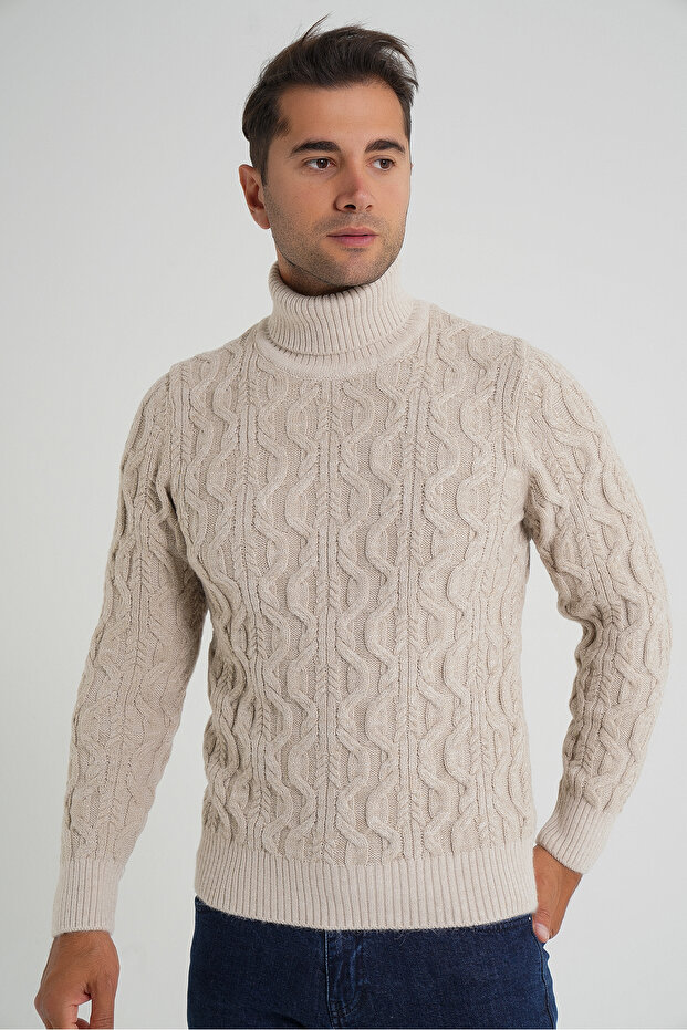 Trist Star Men's Beige Fisherman Hair Braided Wool Sweater Trist-5354 ...
