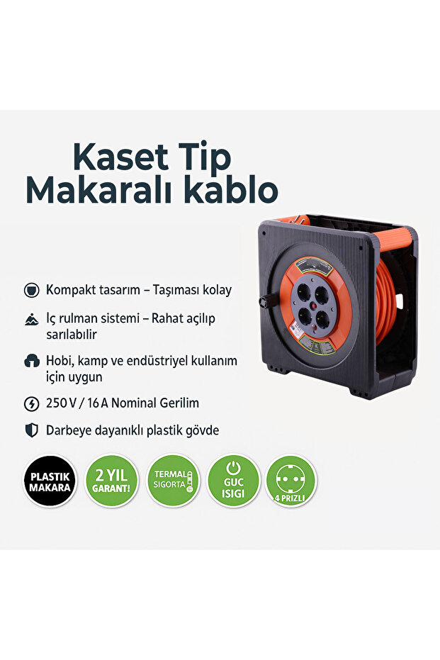 Badem10 Makaralı CCA Uzatma Kablosu 3x2.5 mm 30 Metre 4 Prizli Monofaze Termal Sigortalı Plastik ...