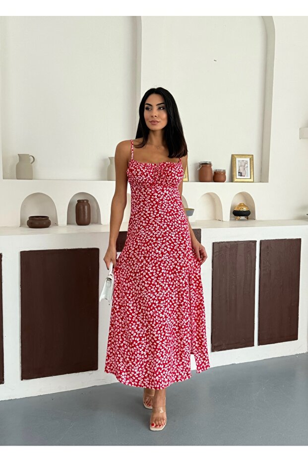 REELMODA Women's Red Rope Strap Chest Tied Patterned Slit Summer Long ...