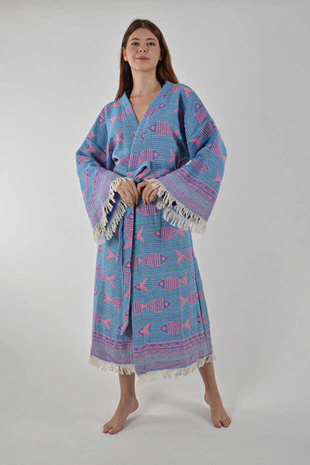 CASPARA Blue Fish Patterned I Jacquard Cotton Peshtemal Bathrobe I ...