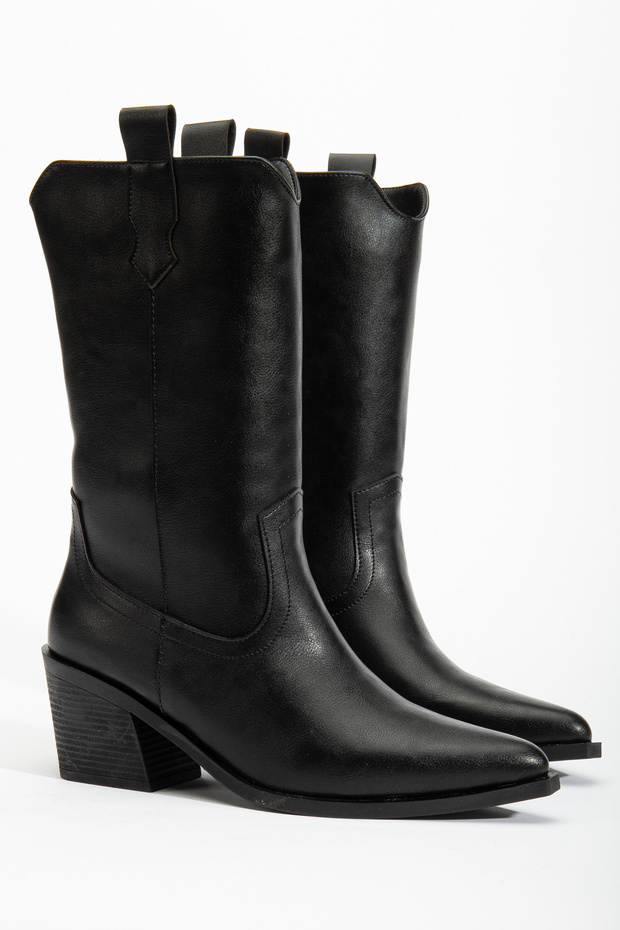 DENORA Black Matte Leather Mid-Calf Flat Pattern Heeled Cowboy Boots ...