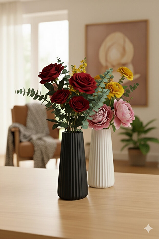 millonu Set of 2 Modern Decorative White Striped Flower Vases ...