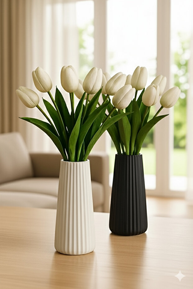millonu Set of 2 Modern Decorative White Striped Flower Vases ...