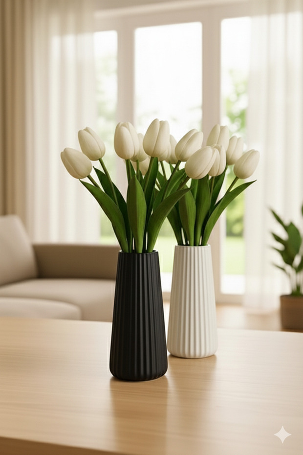 millonu Set of 2 Modern Decorative White Striped Flower Vases ...