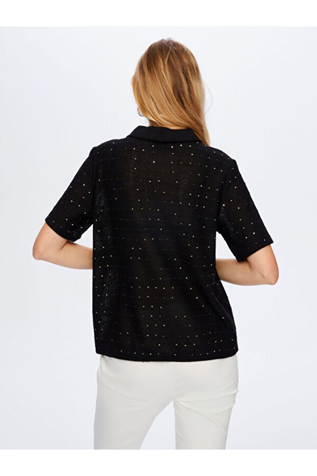 Faik Sönmez Плетена блуза с пайети и визия на поло яка W26BLZ019- Trendyol