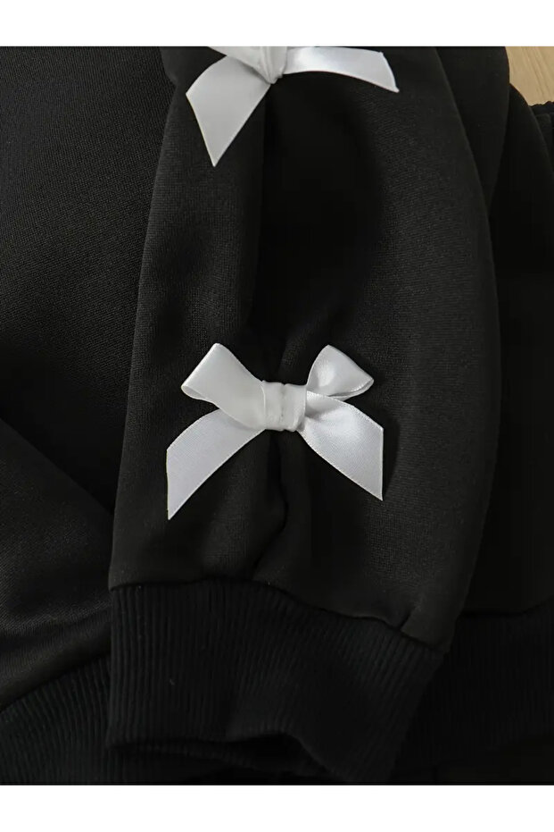 MORNİNG KİDS Girl's Black Ribbon Detailed Sweatshirt-Loose Fit ...