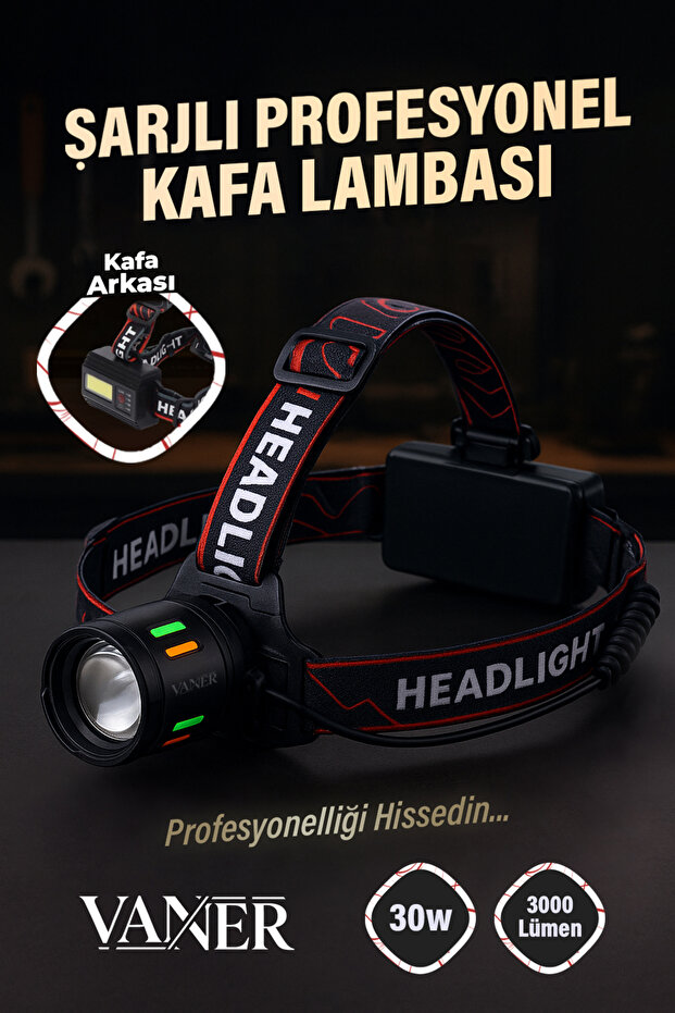 VANER 3000 Lümen 30W Şarjlı Profesyonel Zoomlu Kamp Avcı Balıkçı Kafa ...