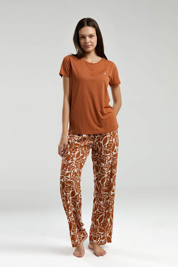 Arnetta Women's Brown Short Sleeve Pajama Set- Trendyol