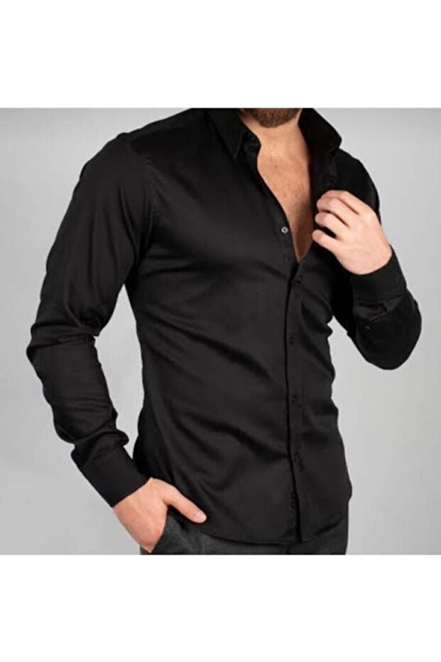 BENESSE Slim Fit Easy-Iron Plain Black Dacron Shirt- Trendyol