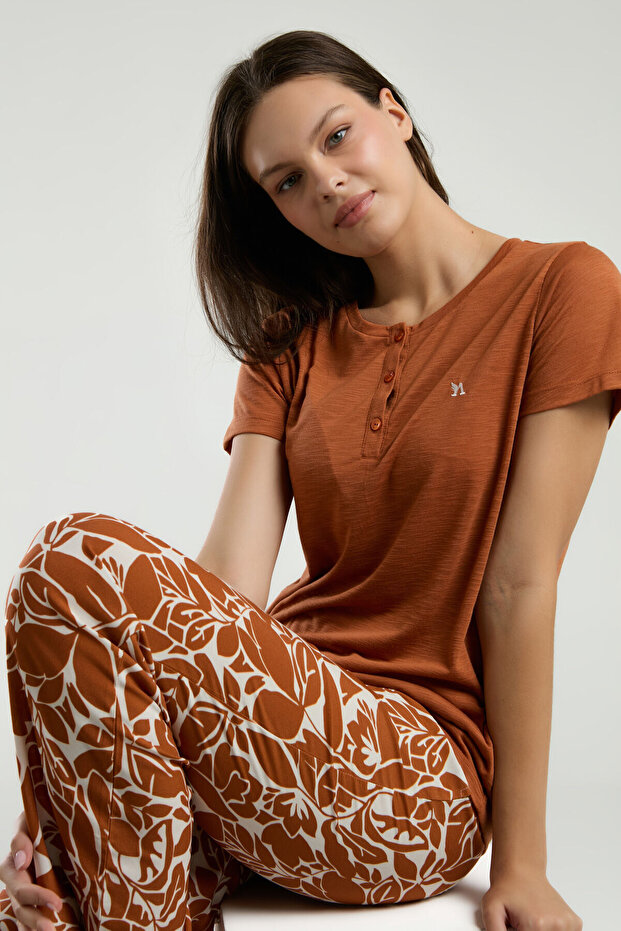 Arnetta Women's Brown Short Sleeve Pajama Set- Trendyol