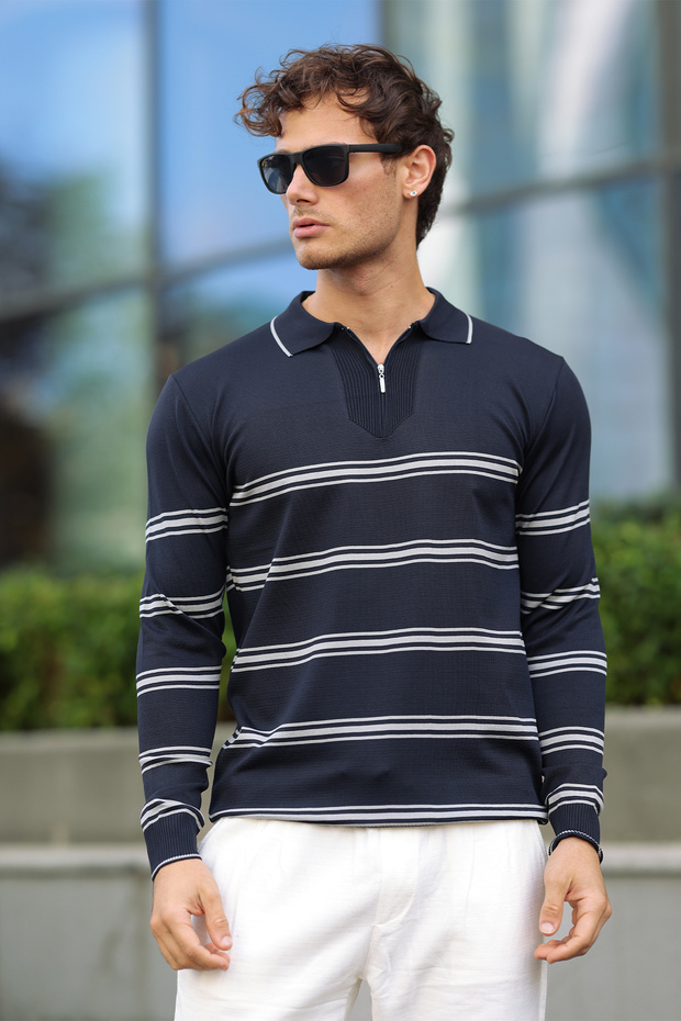aziso Men's Polo Neck Striped Half Zip Knit Sweater- Trendyol