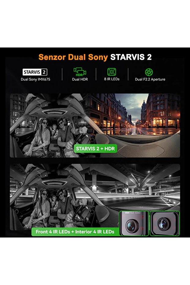 VANTRUE Camera Auto E360 ACE 360° 5,2K 30 FPS, WiFi, Dual HDR, Night ...