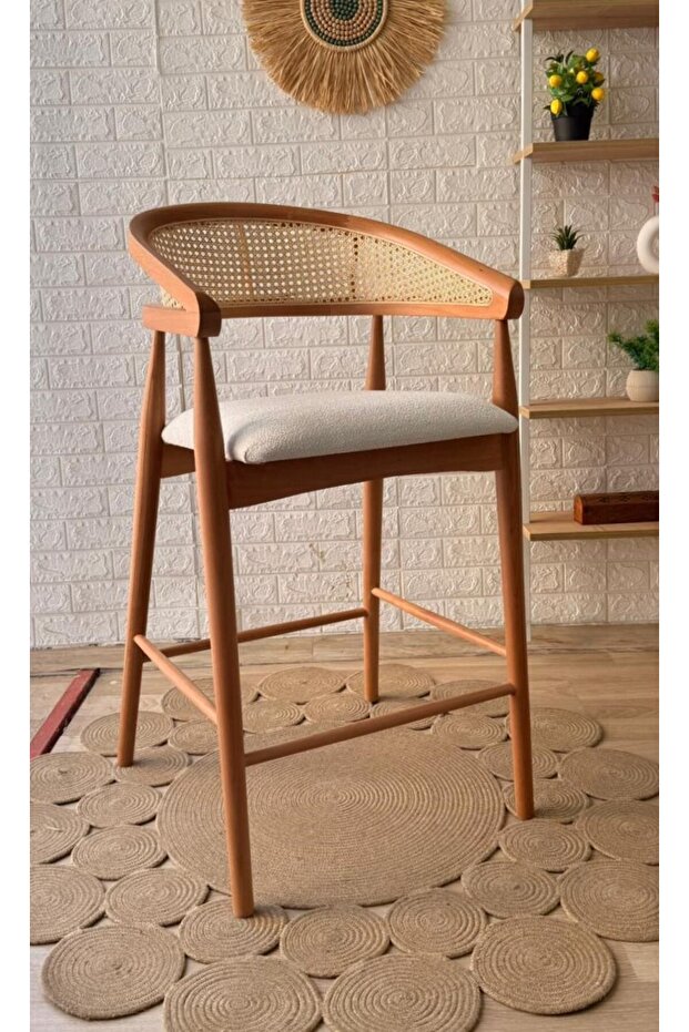 silla Gazel Bar Sandalyesi Teddy Krem Kumaş Hasırlı Naturel Ahşap Ada ...
