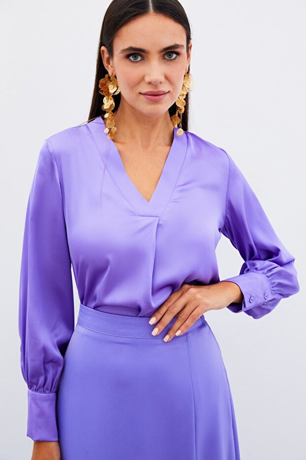 Sateen V Yaka Saten Bluz - LİLA - Fiyatı, Yorumları