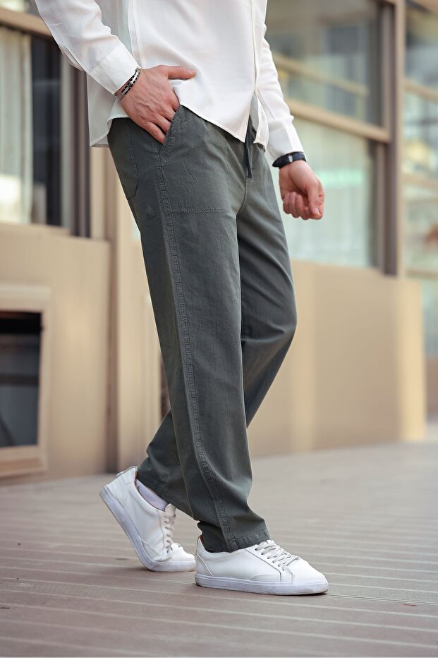 COMBİNE MİCHAİL Men's Linen Loose Cut Trousers - Khaki- Trendyol