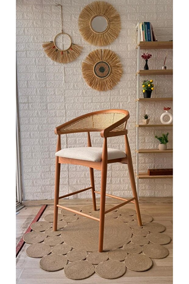 silla Gazel Bar Sandalyesi Teddy Krem Kumaş Hasırlı Naturel Ahşap Ada ...