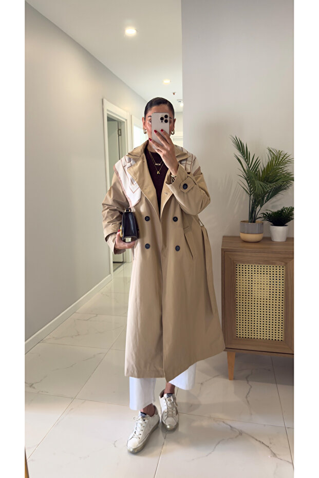 BİRCANÇİL Anastas Beige Long Premium Trench Coat with Scarf- Trendyol