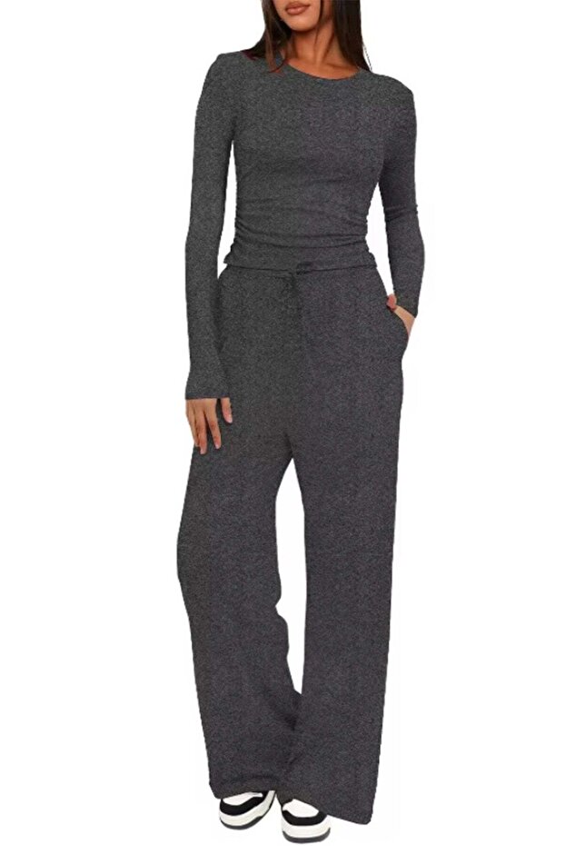 SOLOBUY Pyjamas Set Jersy Women's Long-Sleeved, Elastic Waist, Collar ...