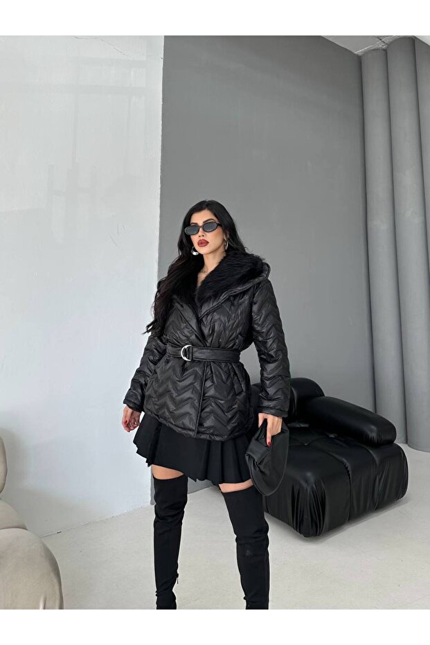 GM Butikk Kürk Yaka Kemerli Kadın Kapitone Kışlık Mont Kadın Mont - Fiyatı, Yorumları