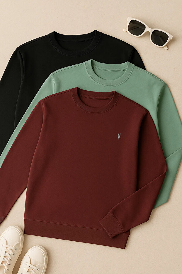 COMBİNE MİCHAİL Men's Casual Crew Neck Loose 3-Piece Sweatshirt- Trendyol