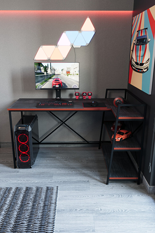 Flinder Siyah Raflı Çift Yöne Uygun Oyuncu Masası, Bilgisayar Masası ...