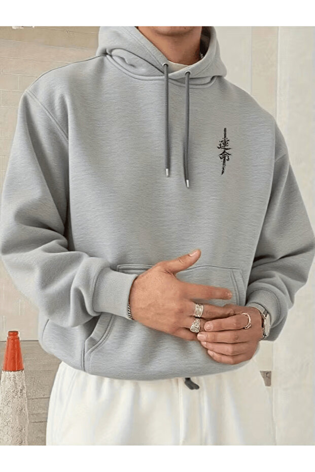 LAVİTTA Men's Japanese Written Sword Printed Hoodie- Trendyol