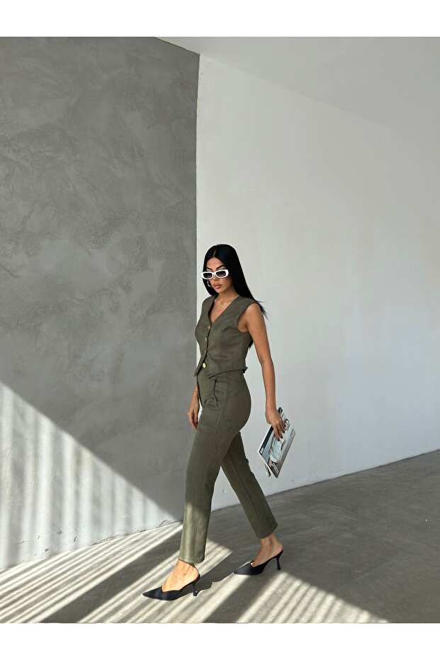 Azra Moda Style Trend Güderi Düğmeli Aksesuarlı Yelekli Takım Kadın ...