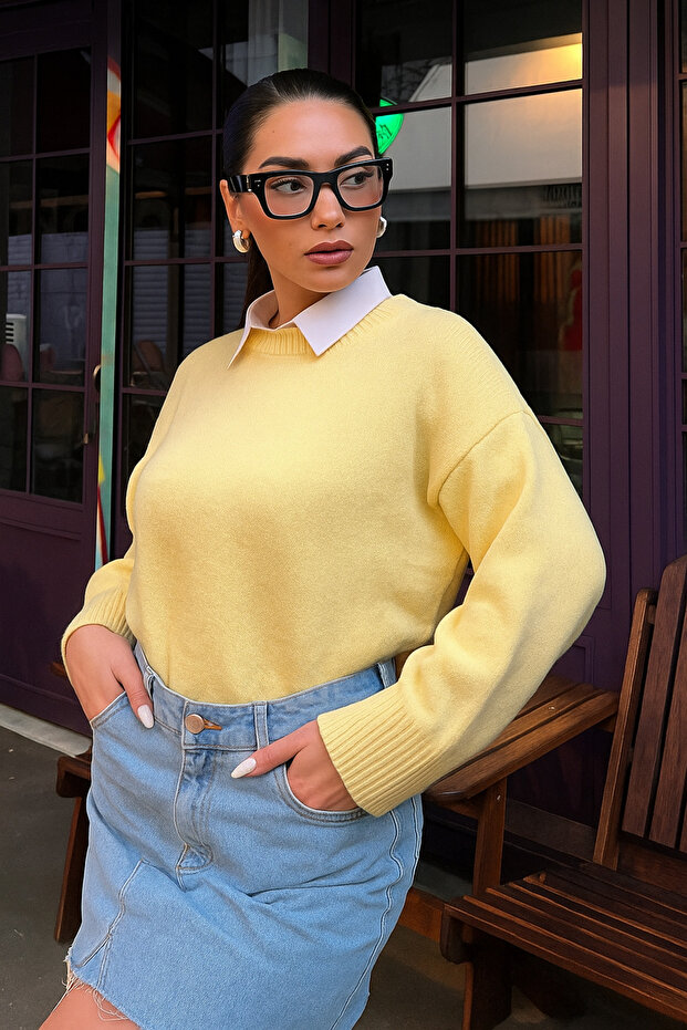 My Blog Pulover galben cu gât rotund de culoare uni - 2217- Trendyol