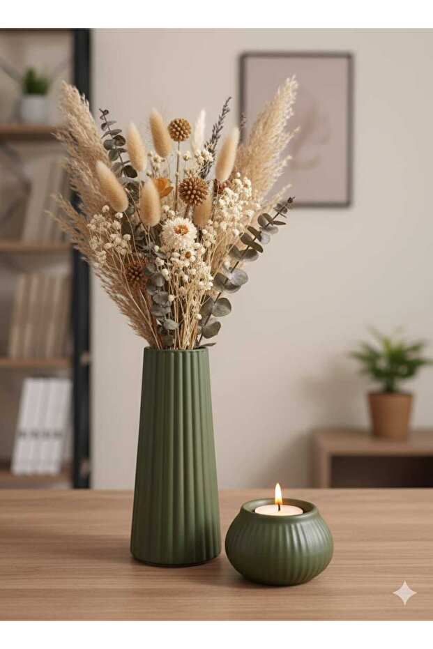 TACTIC Green Striped Modern Decorative Stone Vase (18 cm) & Candle ...