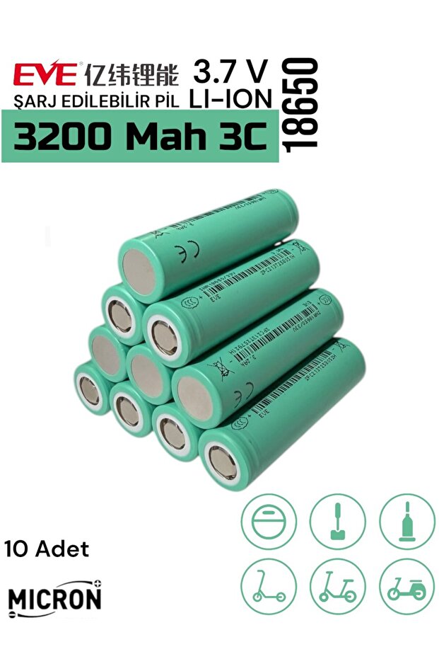 Micron EVE 18650 3.7V (Volt) 3200 MaH 3C 35V Lityum Şarj edilebilir 10 Adet Pil(Batarya ...