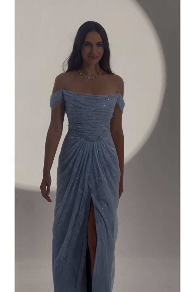 ALFABETA Off-Shoulder Evening Dress with Sequins- Trendyol