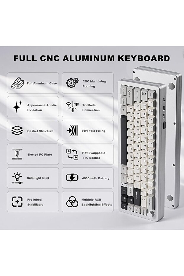 YUNZII AL66 Wireless Mechanical Keyboard, Full Aluminum CNC, 65% Knob ...